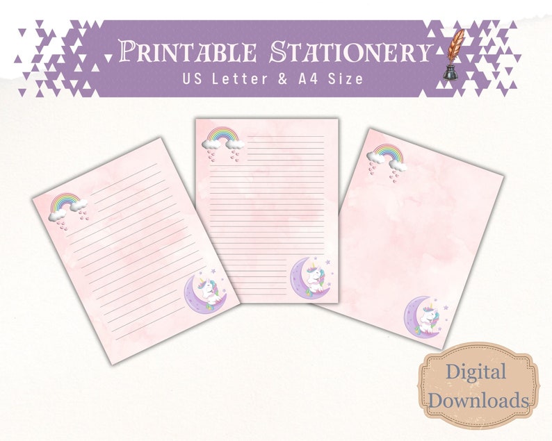 Printable Stationery, Unicorn Design Writing Digital Paper, Instant ...