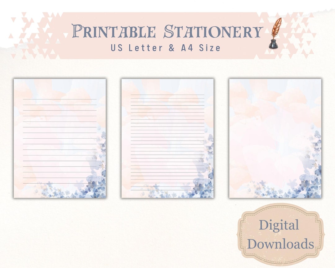 Printable Stationery Set, Floral Watercolor Design Writing Digital ...
