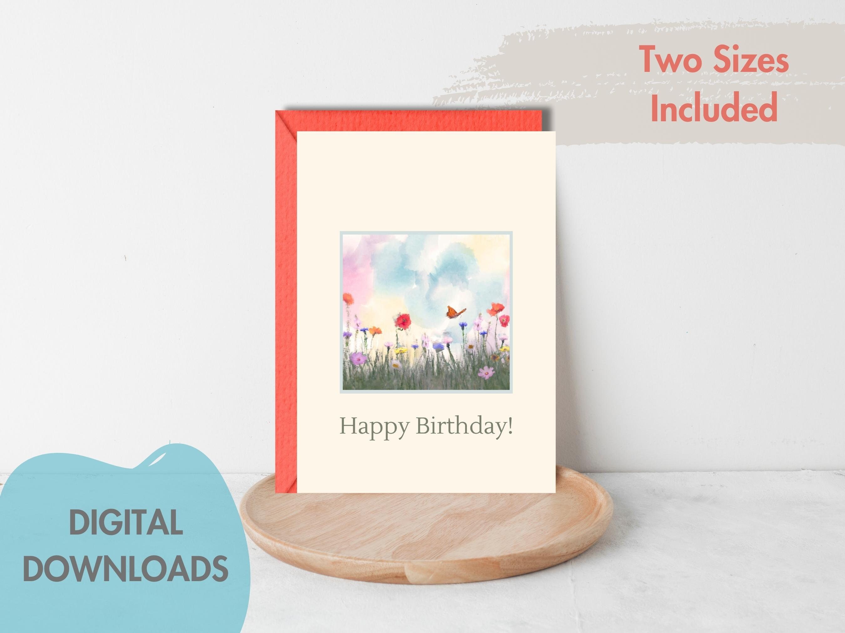 Printable Birthday Card, Digital Card With Flower Fields Design, Retro ...