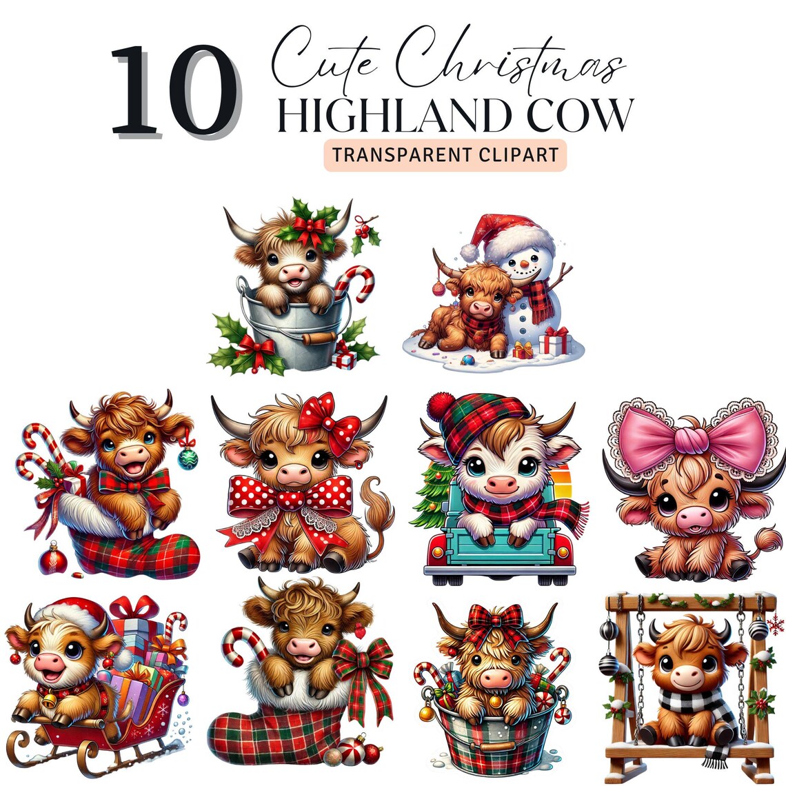 Watercolor Christmas Highland Cow Clipart Bundle, Western Cute ...