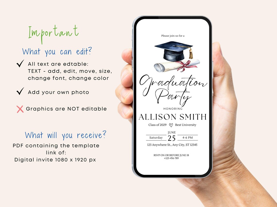Electronic Graduation Party Invitation, Editable Grad Party Invite ...