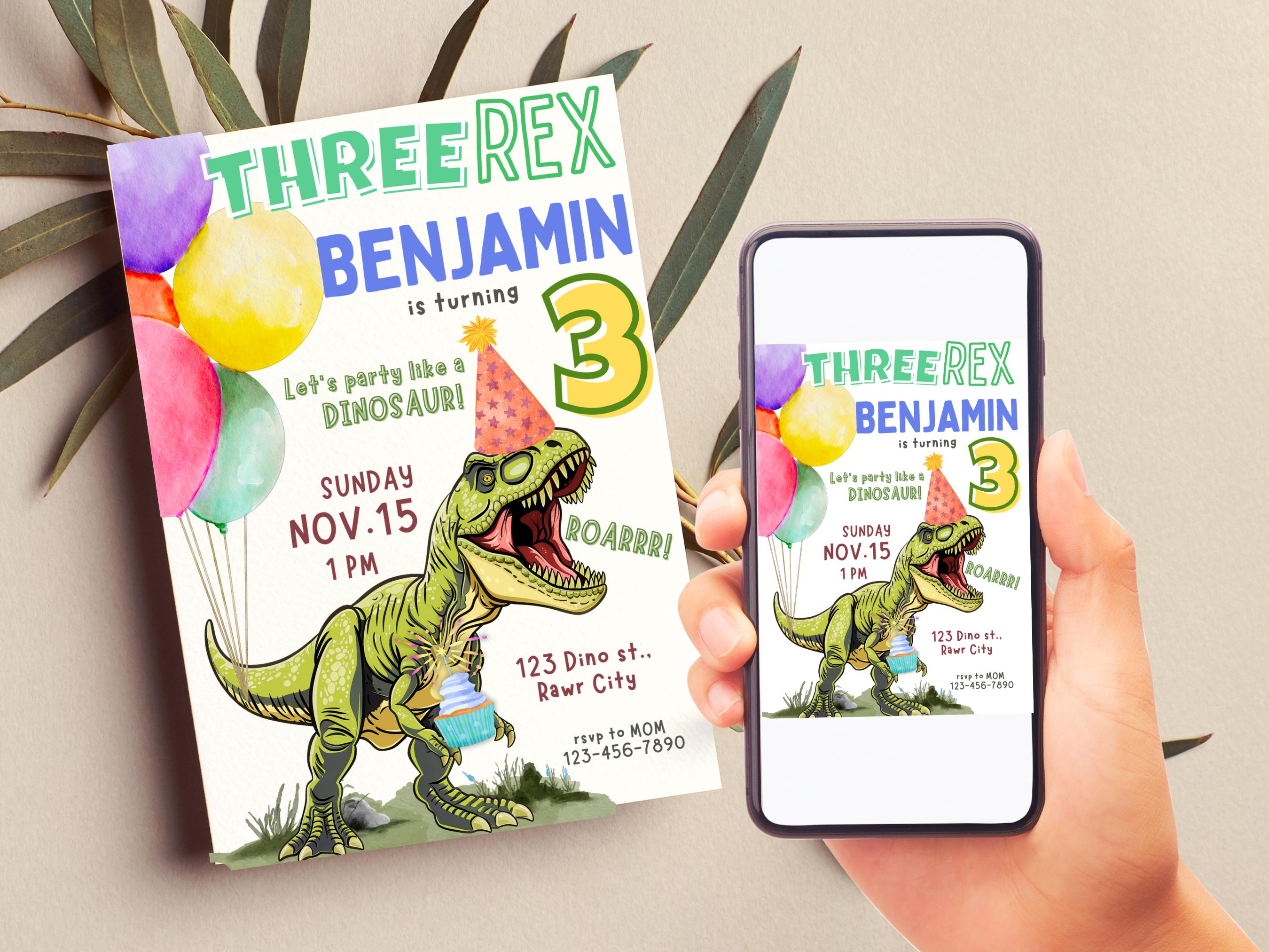 Editable Three Rex Invitation Boy, Dinosaur Birthday Invitation, Three ...