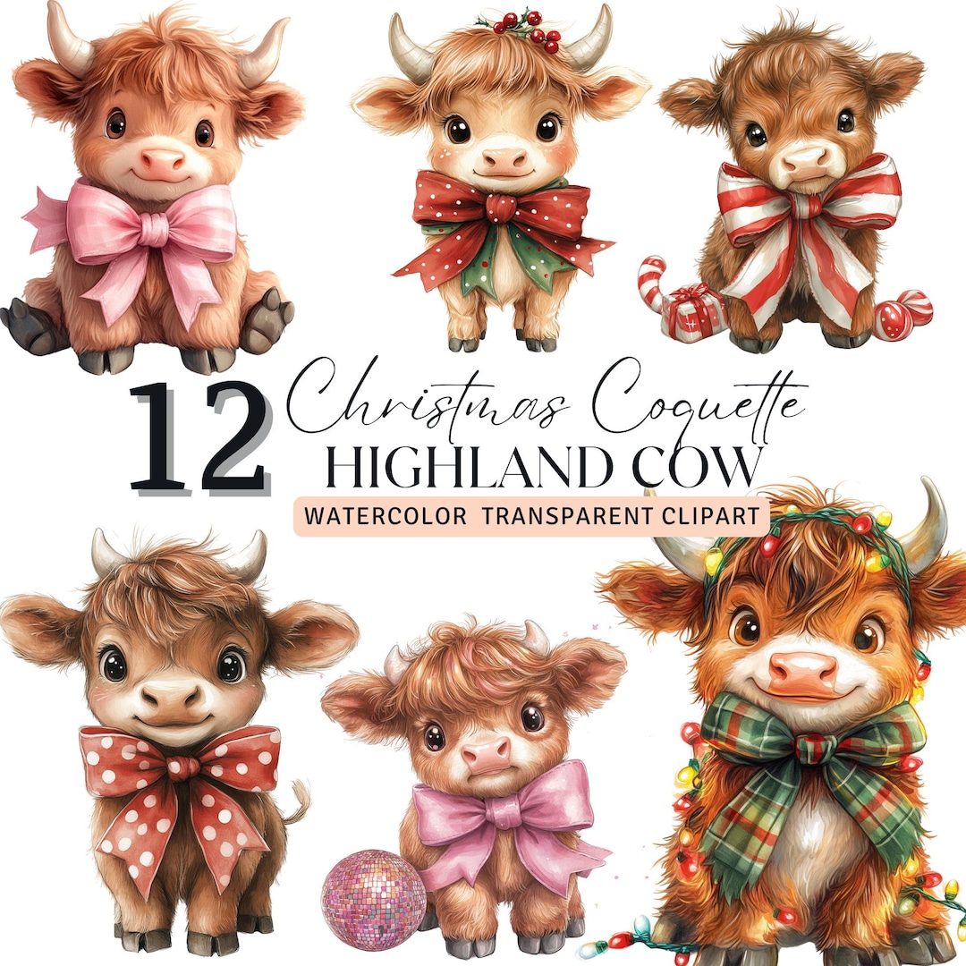 Christmas Coquette Highland Cow Clipart Bundle, Cute Nursery Western ...