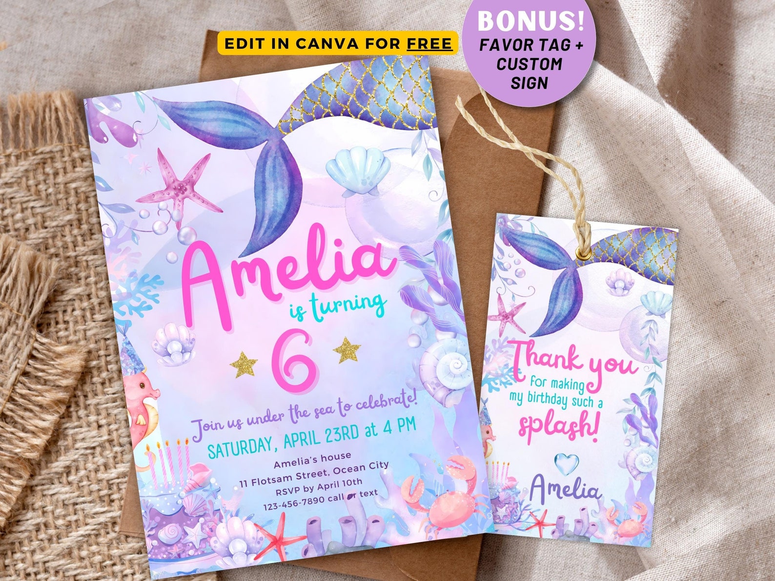 Editable Mermaid Birthday Invitation, Mermaid Invite, Under the Sea ...