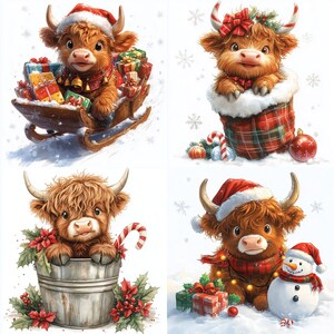 Watercolor Christmas Highland Cow Bundle Clipart, Cute Cozy Western ...