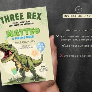 Editable Three Rex Invitation Boy, Dinosaur Birthday Invitation, Three ...