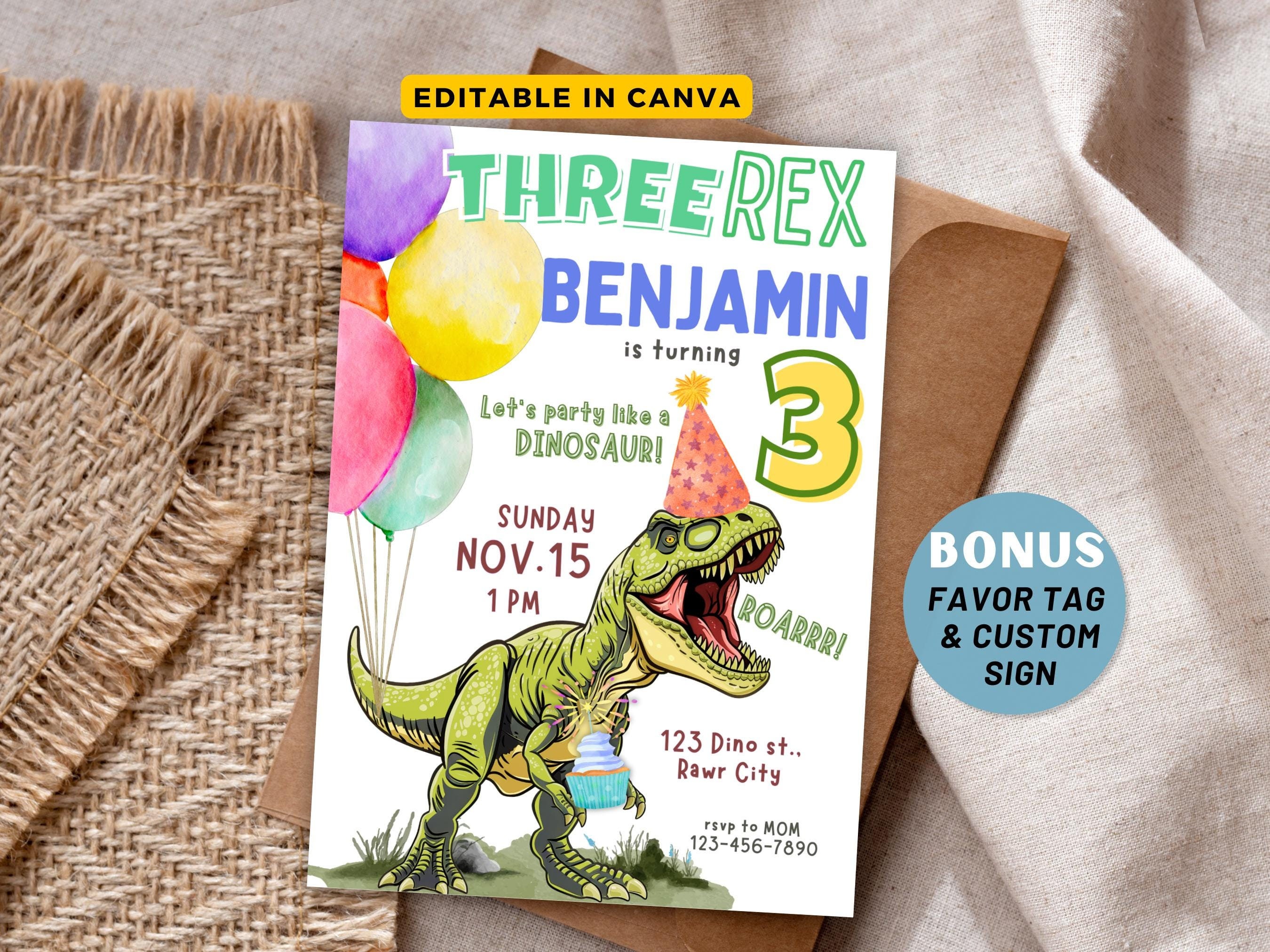 Editable Three Rex Invitation Boy, Dinosaur Birthday Invitation, Three ...
