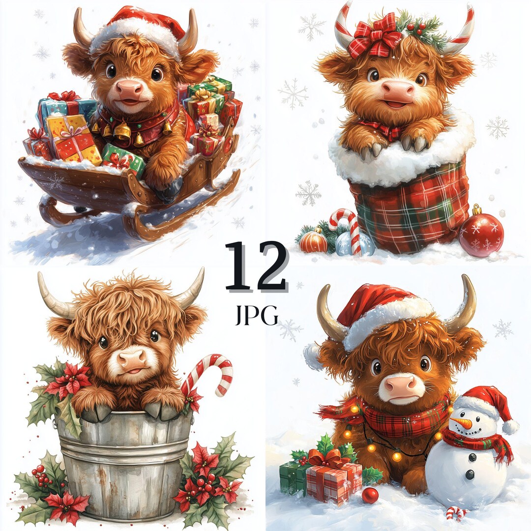 Cute Cozy Christmas Highland Cow Bundle Clipart, Quirky Western ...