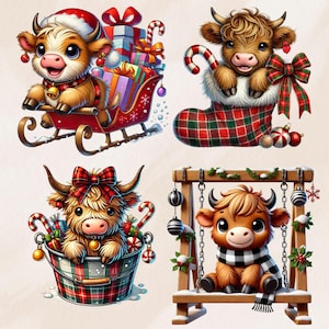 Watercolor Christmas Highland Cow Clipart Bundle, Western Cute ...