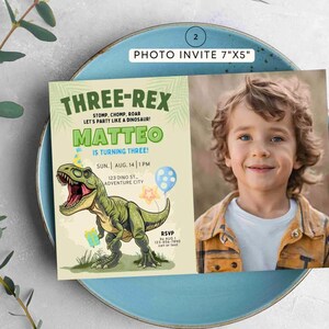 Editable Three Rex Invitation Boy, Dinosaur Birthday Invitation, Three ...