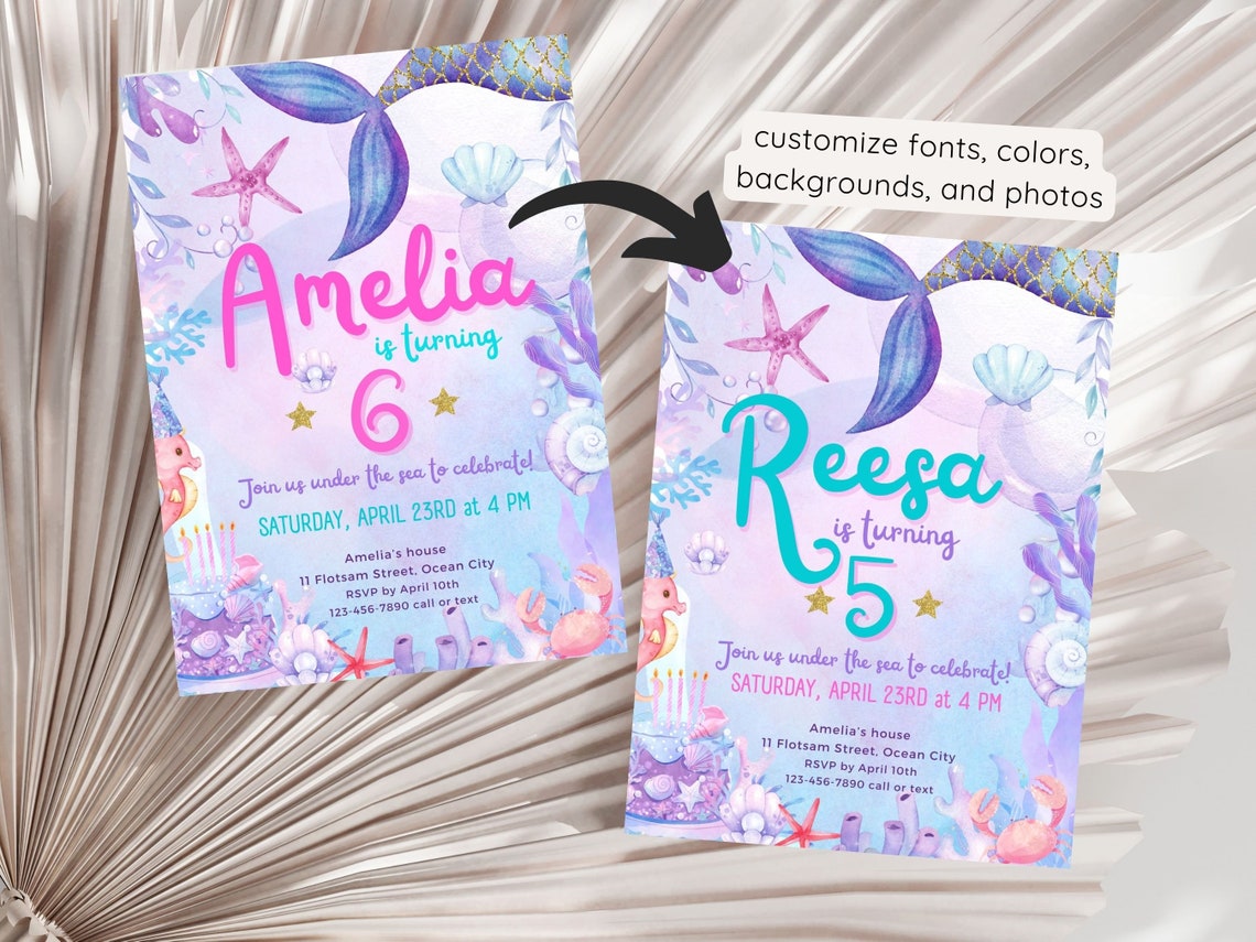 Editable Mermaid Birthday Invitation, Mermaid Invite, Under the Sea ...
