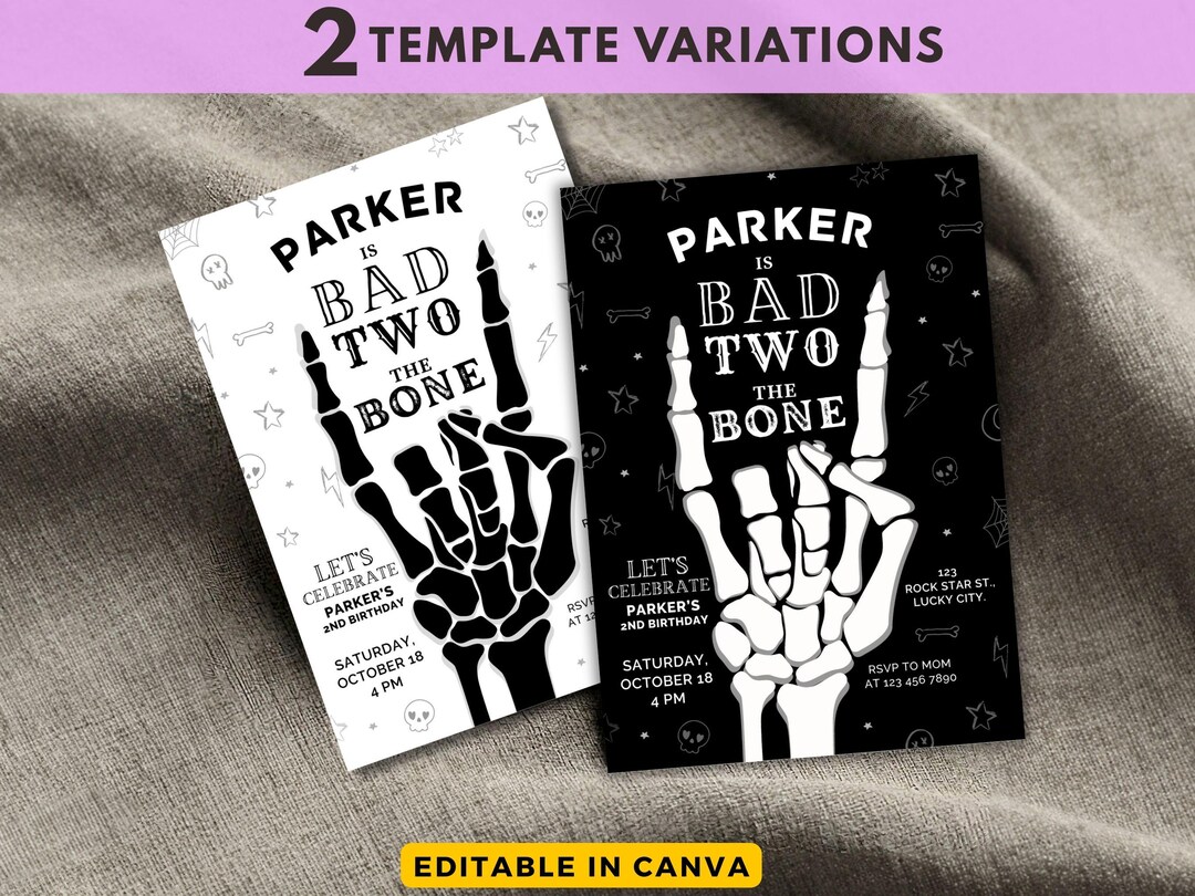 Bad Two the Bone Birthday Invitation, Black and White Invite, Boy Girl ...