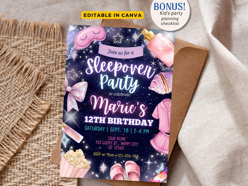 Editable Sleepover Birthday Invitation Pajama Party Invitation Neon ...