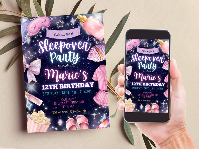 Editable Sleepover Birthday Invitation Pajama Party Invitation Neon ...