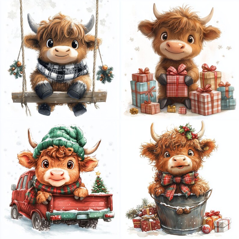 Watercolor Christmas Highland Cow Bundle Clipart, Cute Cozy Western ...
