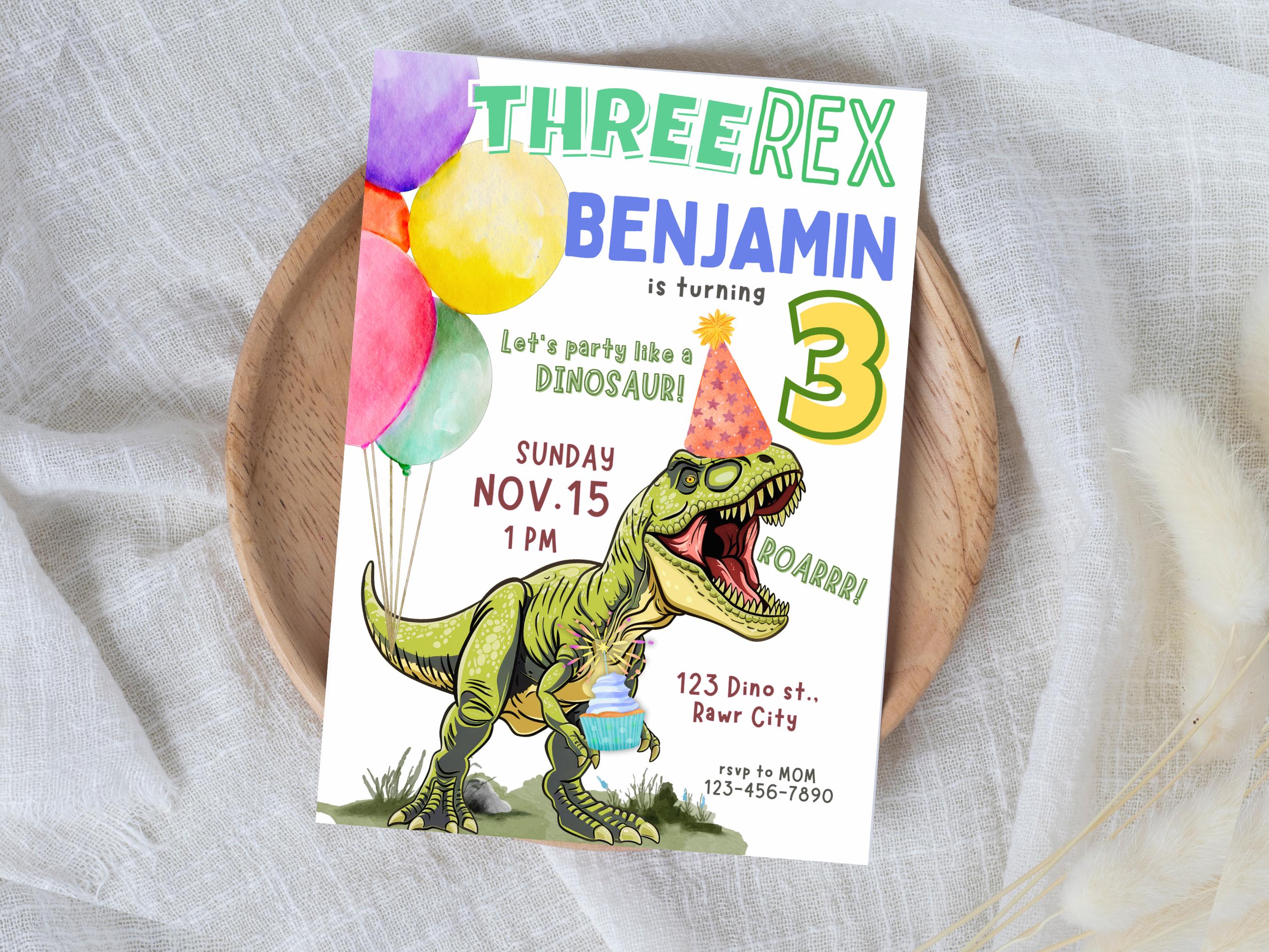 Editable Three Rex Invitation Boy, Dinosaur Birthday Invitation, Three ...