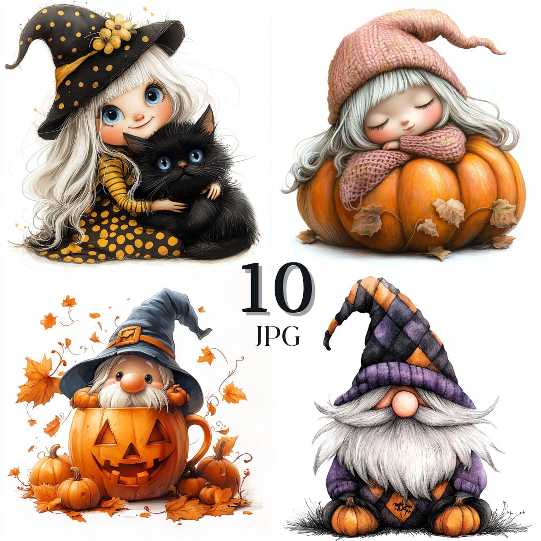 Quirky Cute Halloween Gnome Clipart Bundle, Whimsical Autumn Digital ...