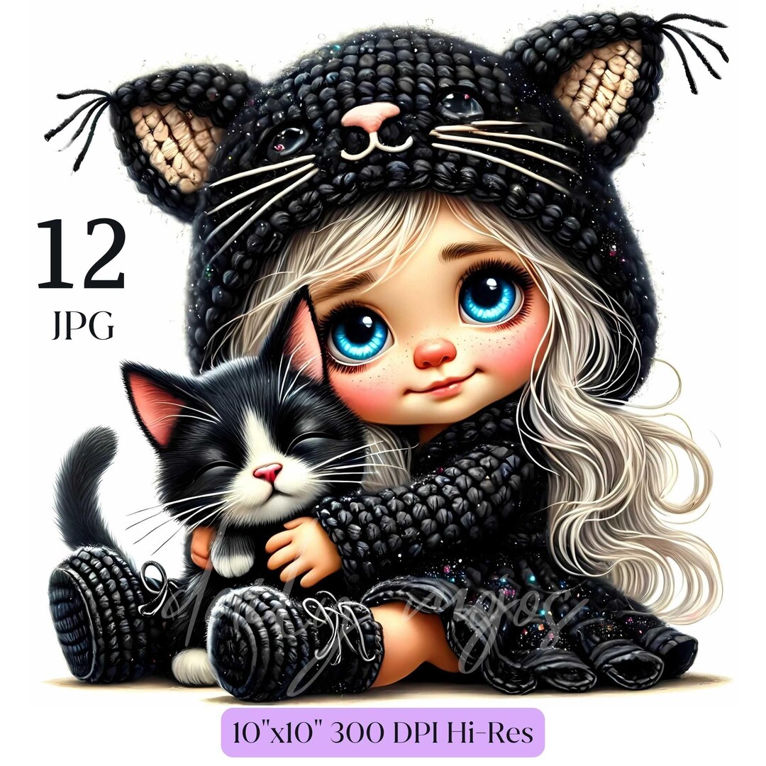 Quirky Girl Clipart, Girl With Cat Puppy, Whimsical Girl Cat Lover ...