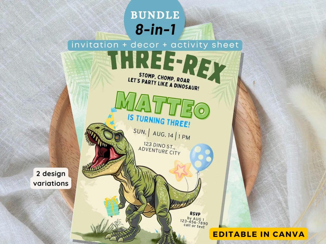 Editable Three Rex Invitation Boy, Dinosaur Birthday Invitation, Three ...