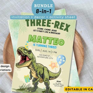 Editable Three Rex Invitation Boy, Dinosaur Birthday Invitation, Three ...