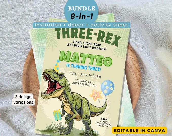 Invitación editable T-Rex tercer cumpleaños, invitación de dinosaurio ...