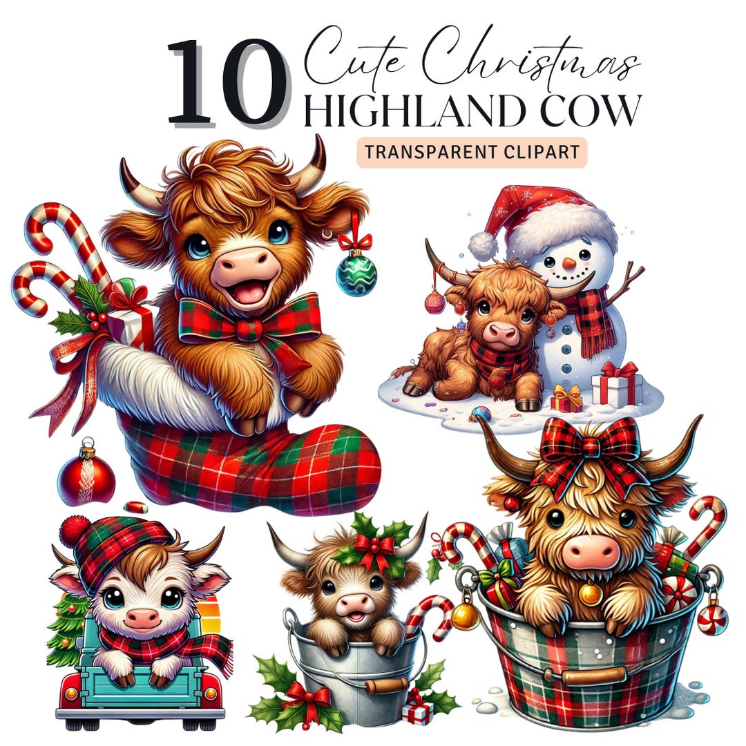 Watercolor Christmas Highland Cow Clipart Bundle, Western Cute ...