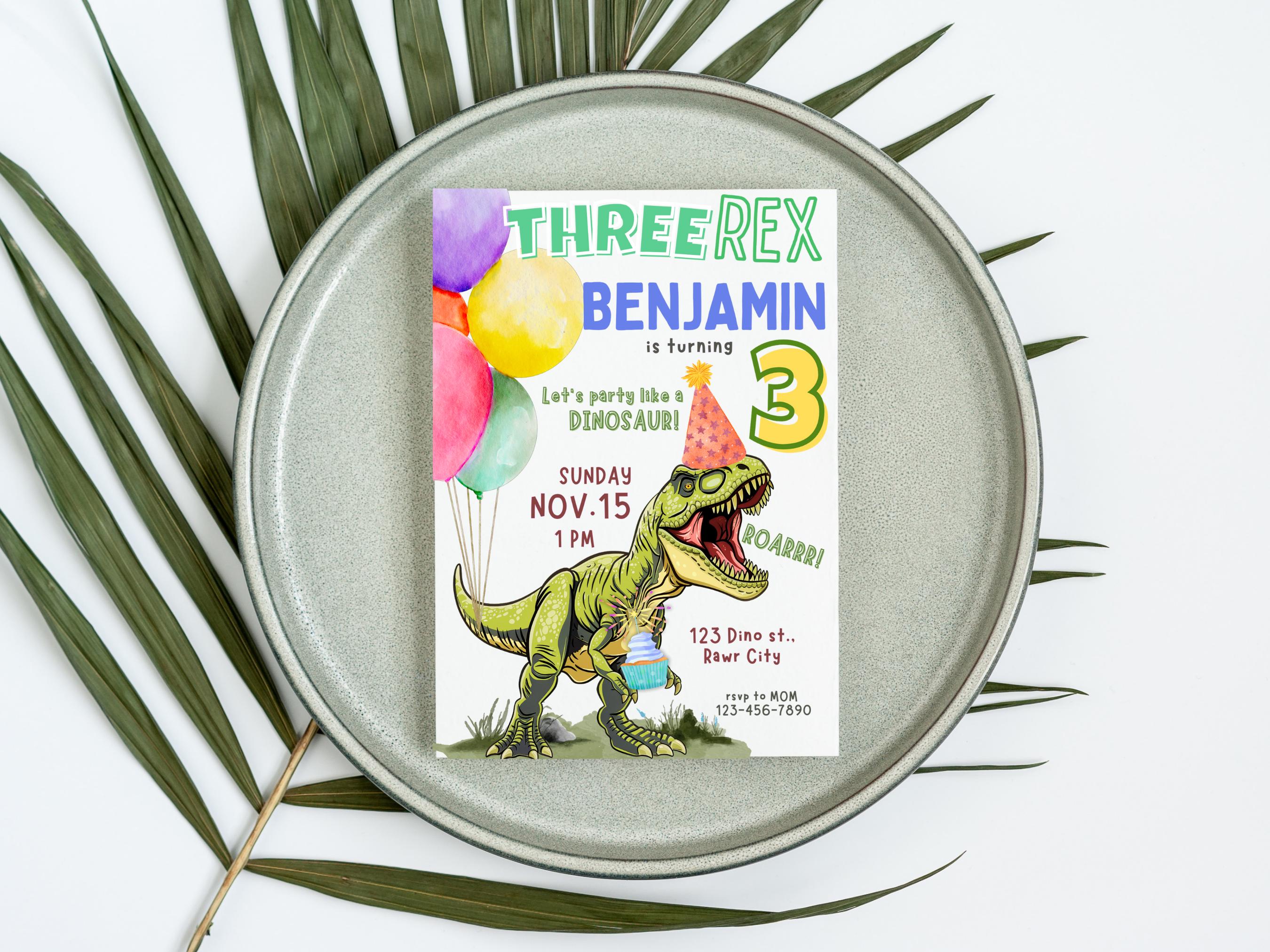 Editable Three Rex Invitation Boy, Dinosaur Birthday Invitation, Three ...