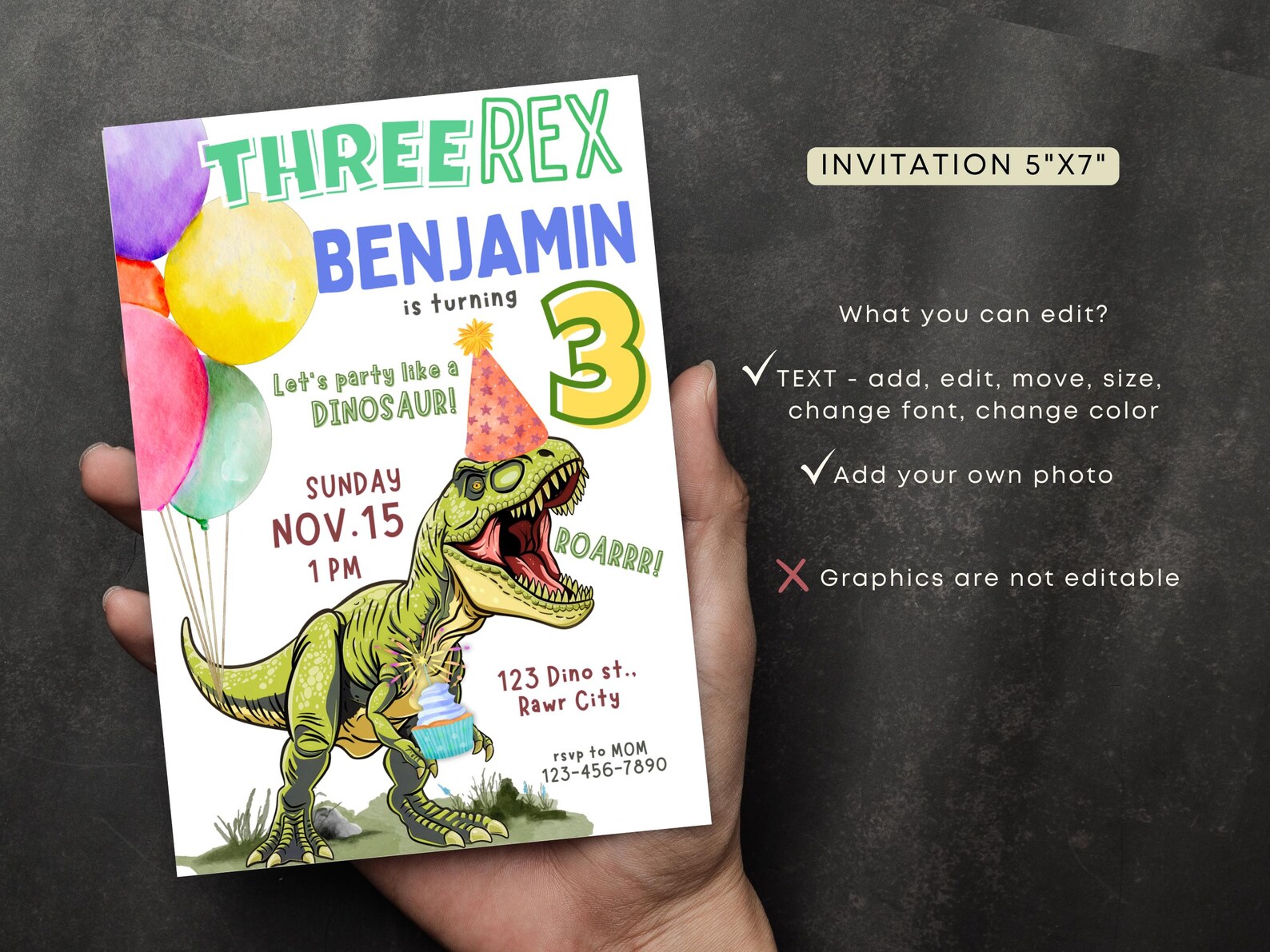 Editable Three Rex Invitation Boy, Dinosaur Birthday Invitation, Three ...
