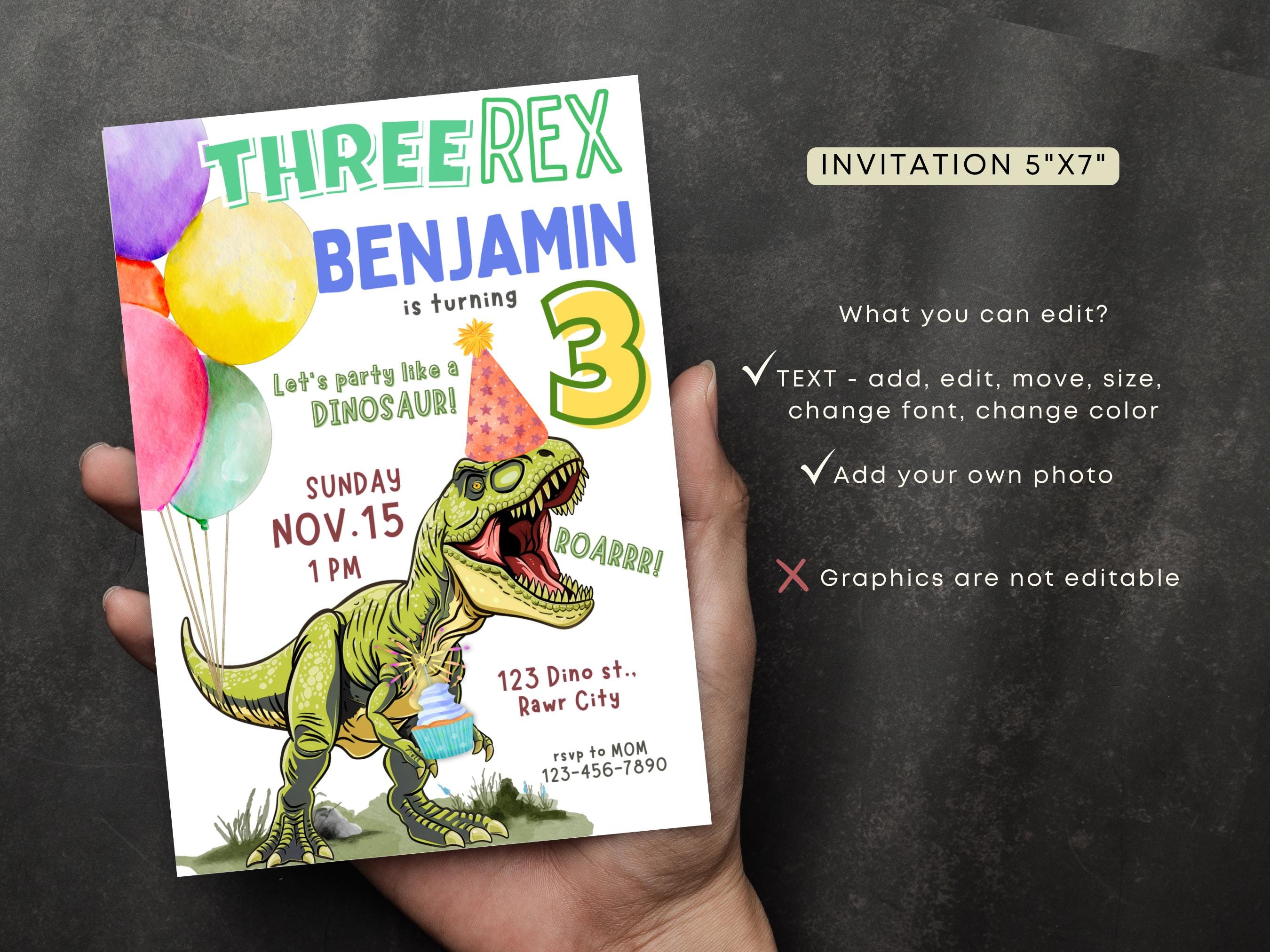 Editable Three Rex Invitation Boy, Dinosaur Birthday Invitation, Three ...