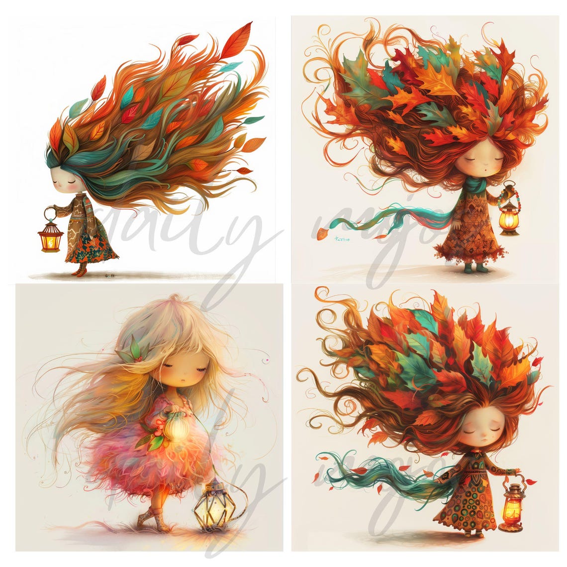 Cute Watercolor Autumn Girl Clipart Bundle, Cute Whimsical Digital Art ...
