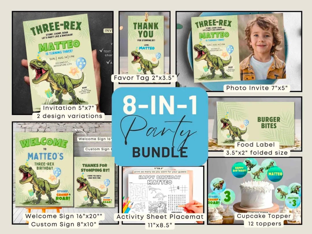 Editable Three Rex Invitation Boy, Dinosaur Birthday Invitation, Three ...