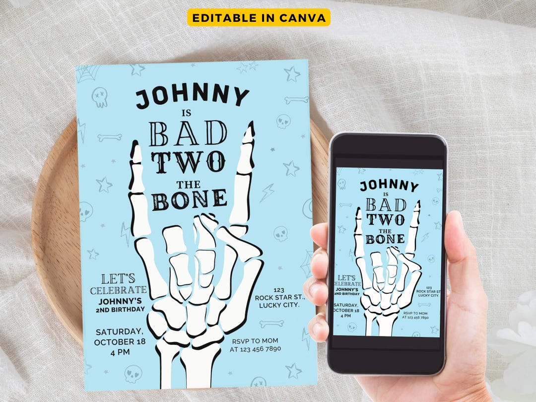 Bad Two the Bone Birthday Invitation, Digital Invite, Boy Birthday ...