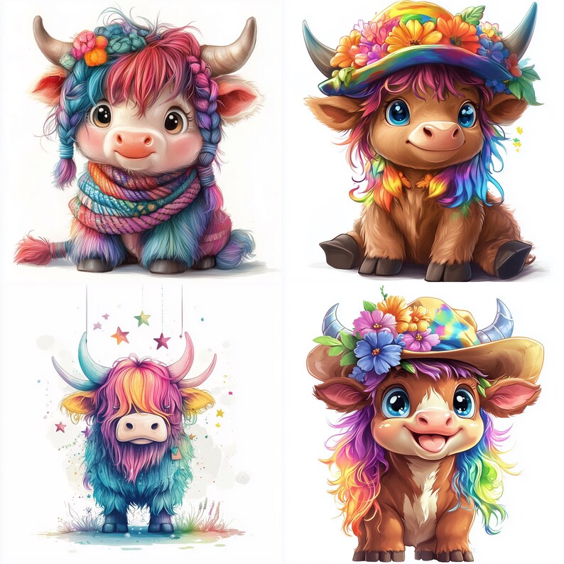 Cute Watercolor Highland Cow Nursery Clipart, Multi-colored Highland ...
