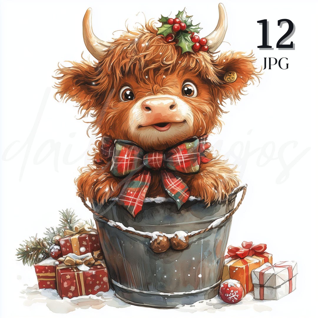Watercolor Christmas Highland Cow Bundle Clipart, Cute Cozy Western ...