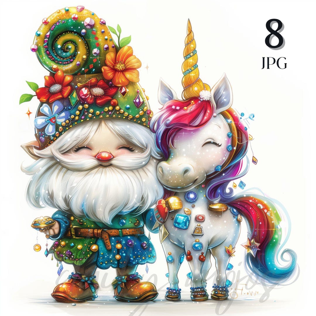 Cute Watercolor Whimsical Gnome Unicorn Clipart Bundle, Rainbow Unicorn ...