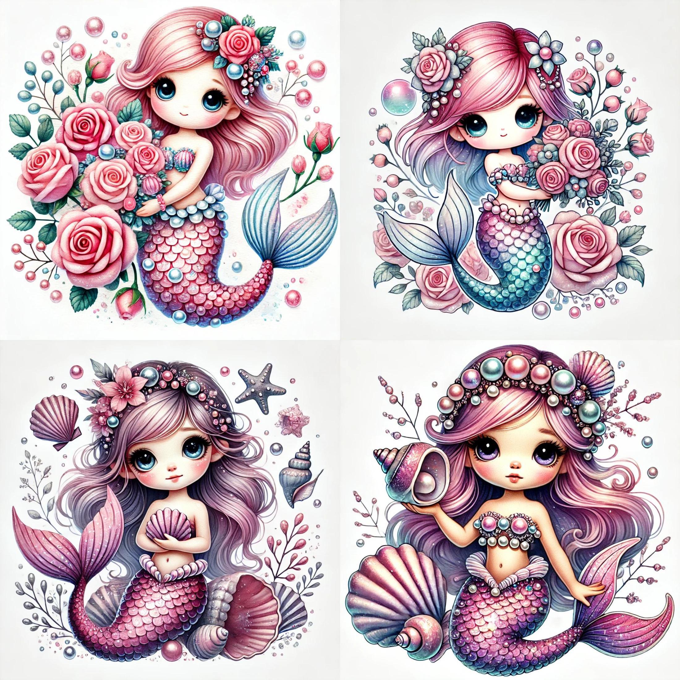 Whimsical Mermaid Clipart Bundle JPG, Cute Mermaid Princess Watercolor ...