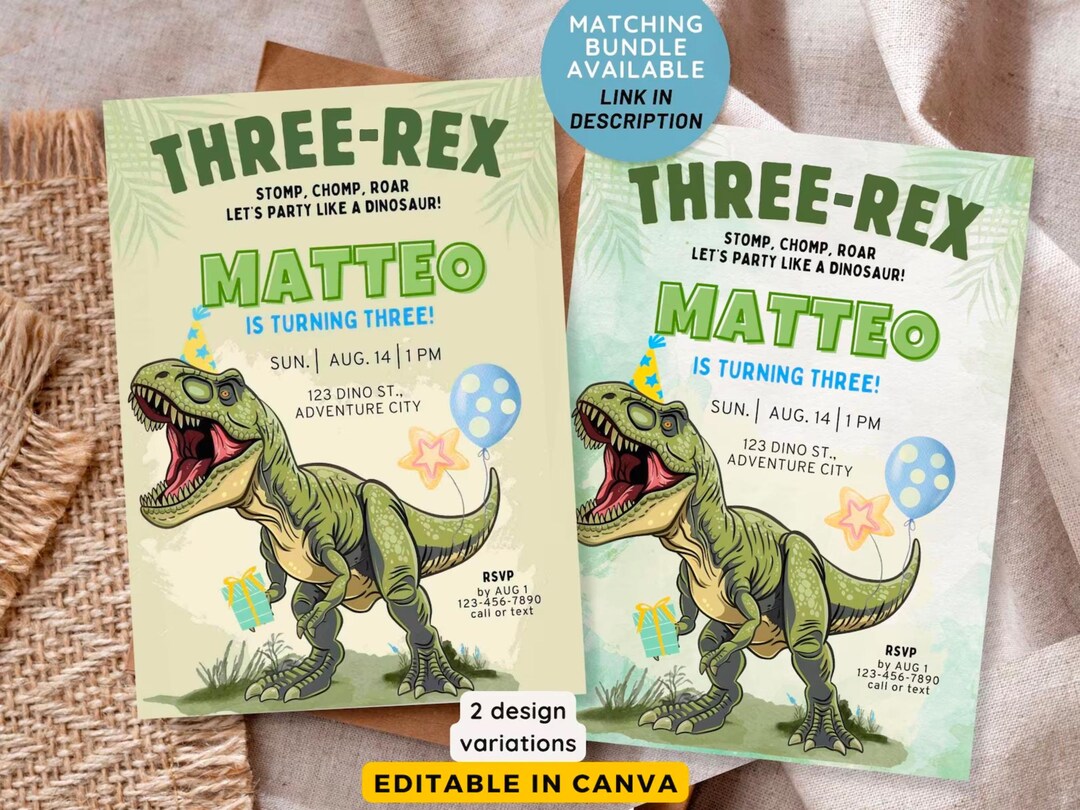 Editable Three Rex Invitation Boy, Dinosaur Birthday Invitation, Three ...