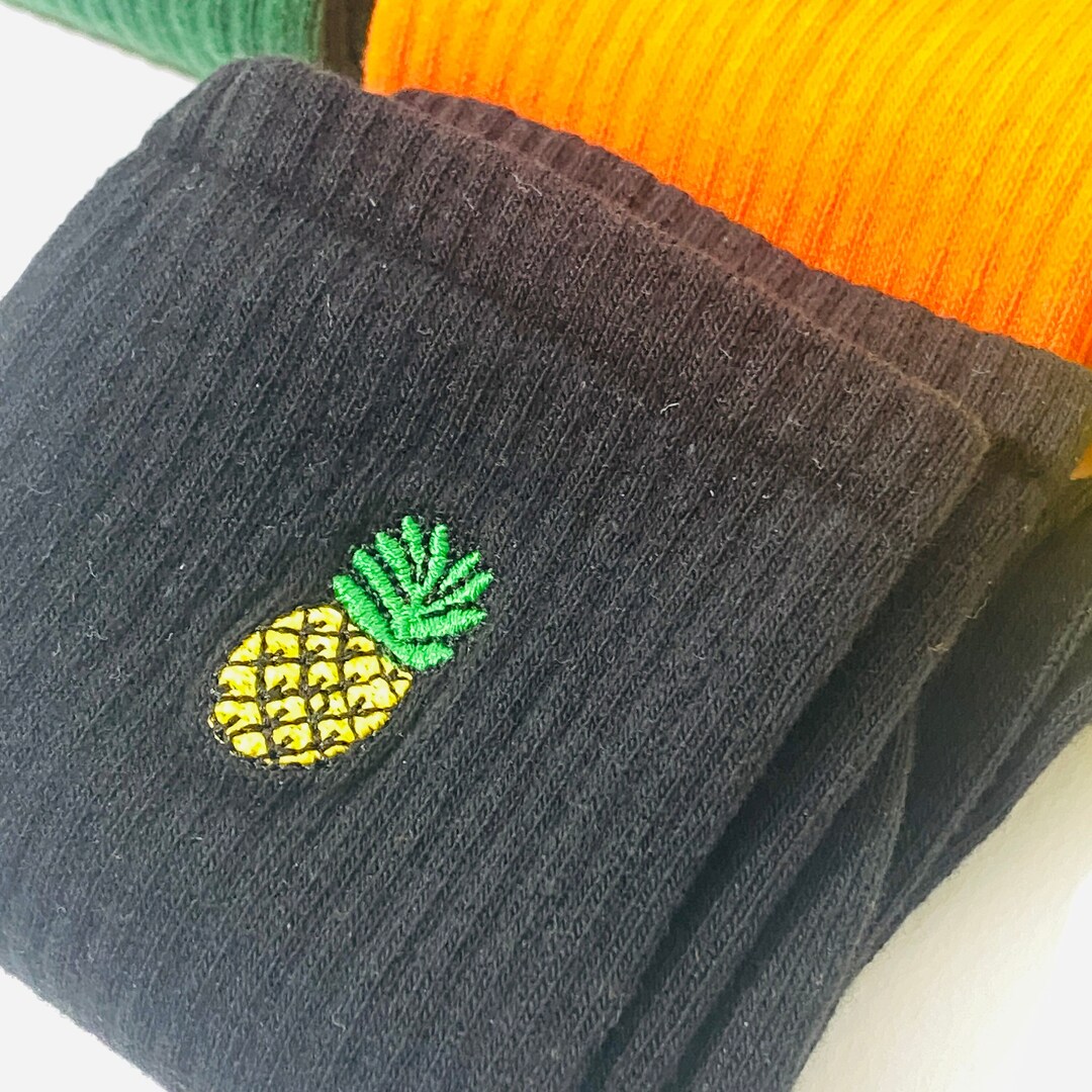 Pineapple Embroidered Socks Set of 2 Gift for Her Unisex Cotton Crew ...