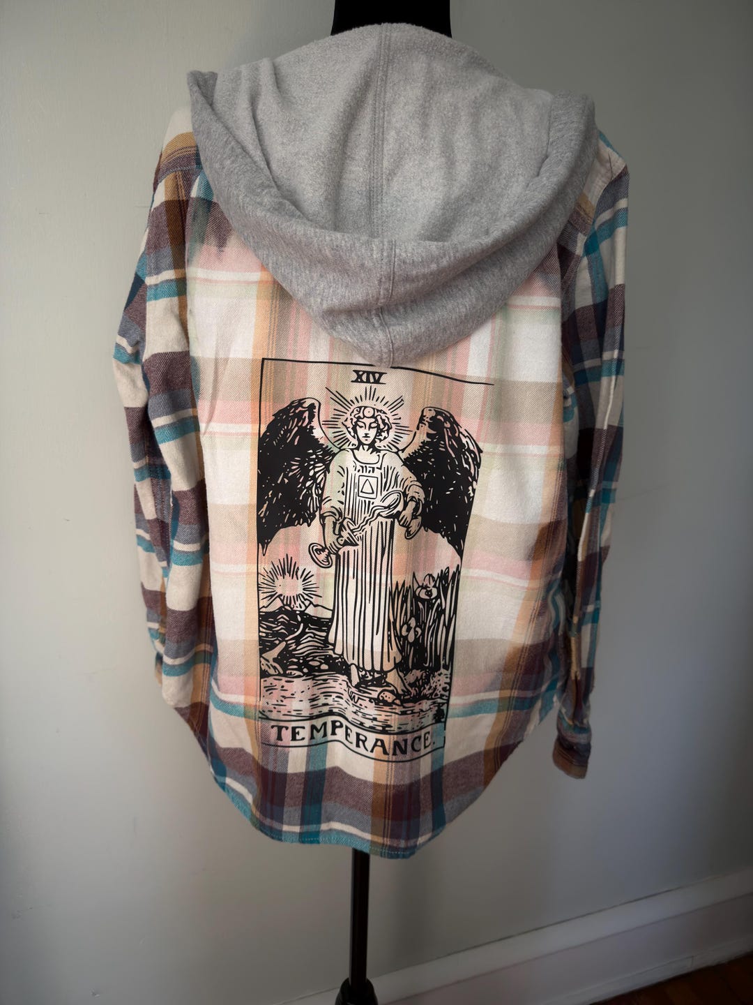 Custom Bleach Accented White/brown/blue Hooded Flannel With Temperance ...
