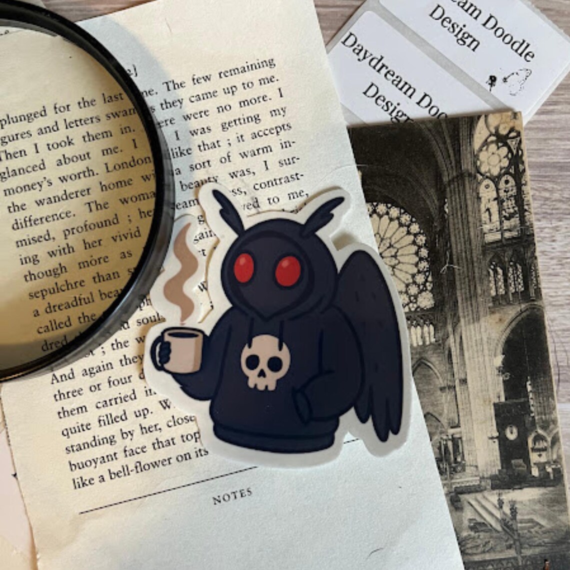 Mothman Hoodie Coffee Sticker Glossy Vinyl Cute Cryptid With Skull ...