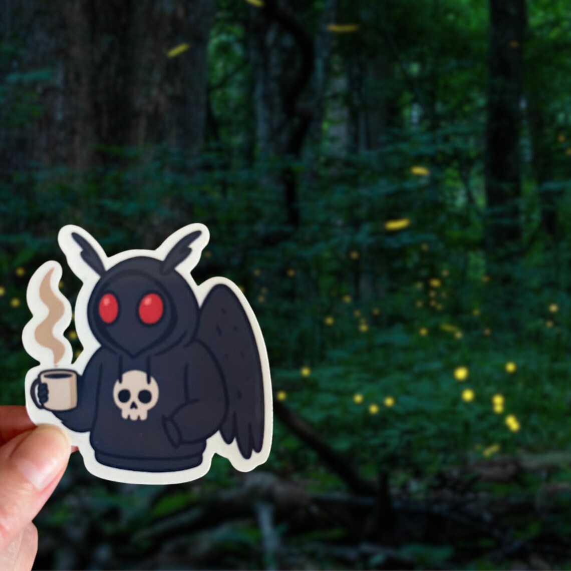 Mothman Hoodie Coffee Sticker Glossy Vinyl Cute Cryptid With Skull ...