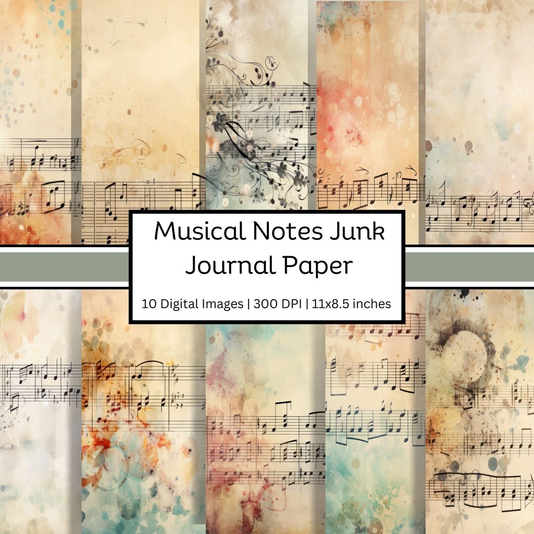 Musical Notes Junk Journal Paper Pack - Set of 10 Watercolor Digital ...