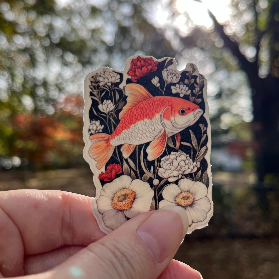 Elegant Koi Fish Vinyl Sticker, Floral Design for Water Bottles ...