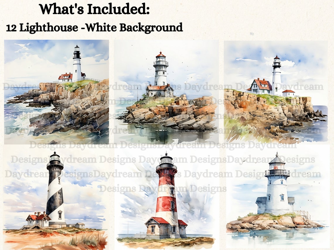Watercolor Lighthouse Clipart Set 12 Coastal Images With White ...