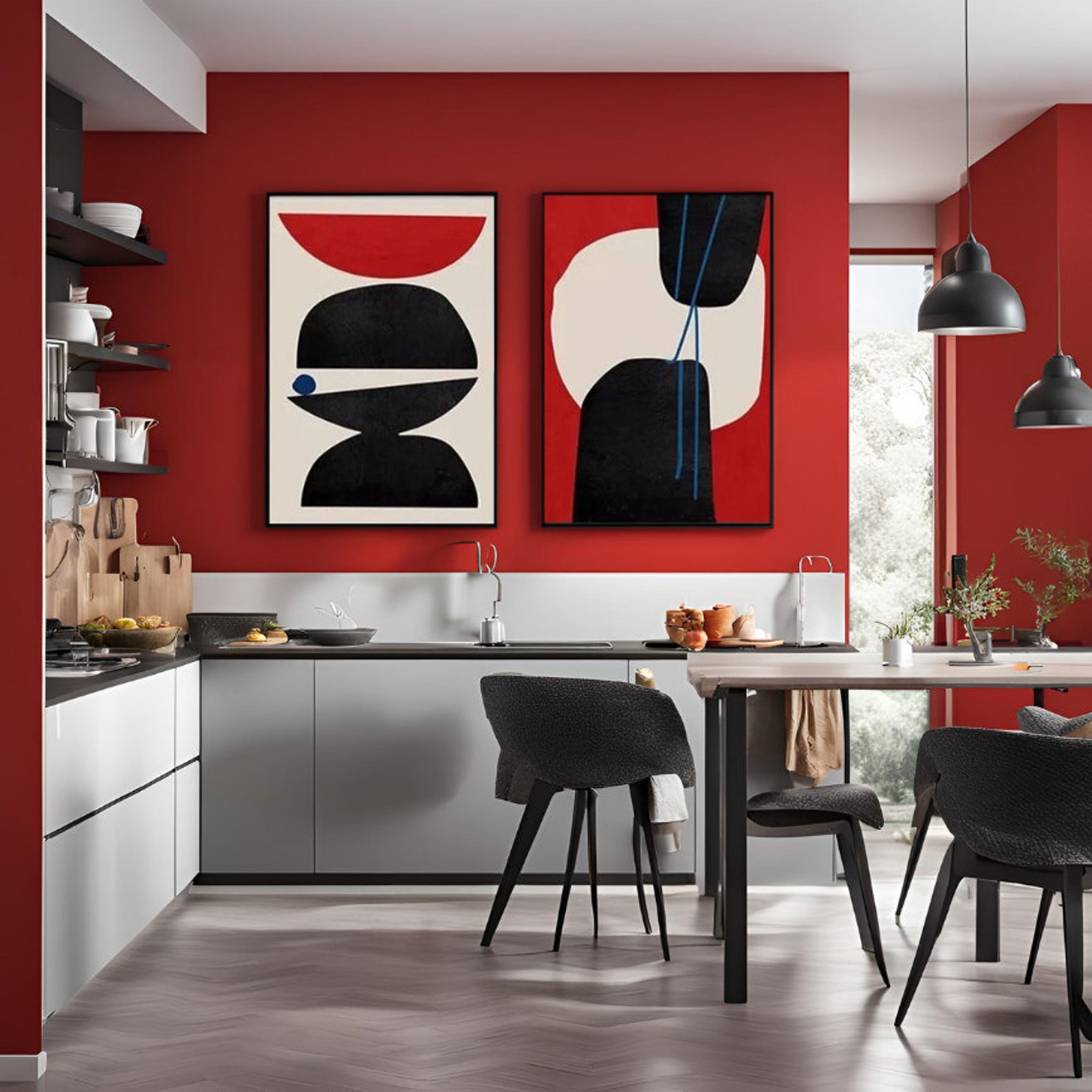 Set of 2 Canvas, Modern Red Abstract With Blue Detail Canvas Wall Art ...