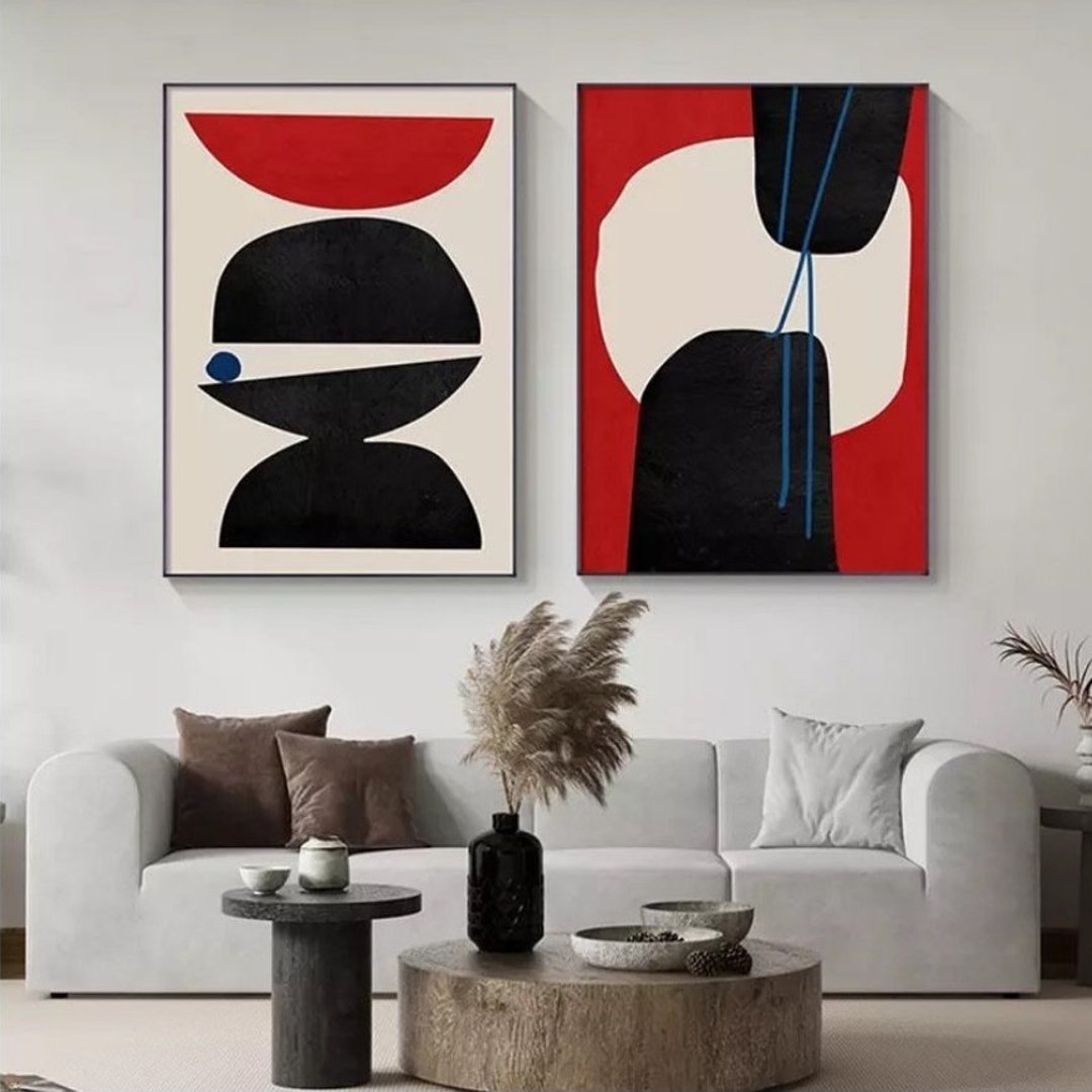 Set of 2 Canvas, Modern Red Abstract With Blue Detail Canvas Wall Art ...