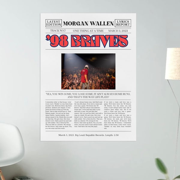 Morgan Wallen 98 Braves Poster - Etsy