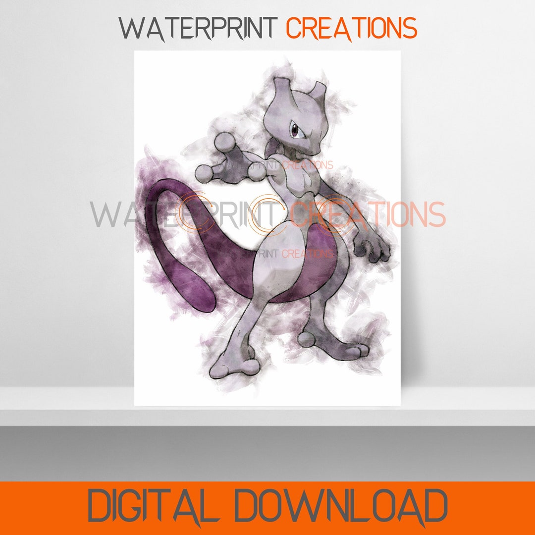 Pokemon Digital Prints Mewtwo Poster, Pokemon Watercolour Wall Art, Gen ...