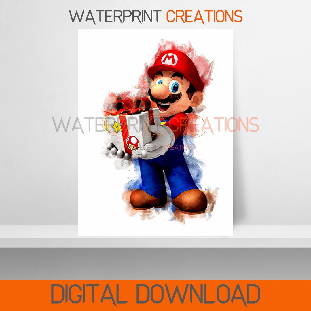 Mario Digital Prints Mario With Gift Poster, Mario Watercolour Wall Art ...
