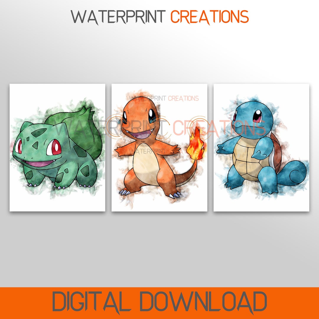 Pokemon Watercolour Digital Prints Starter Set of 3 Posters, Wall Art ...
